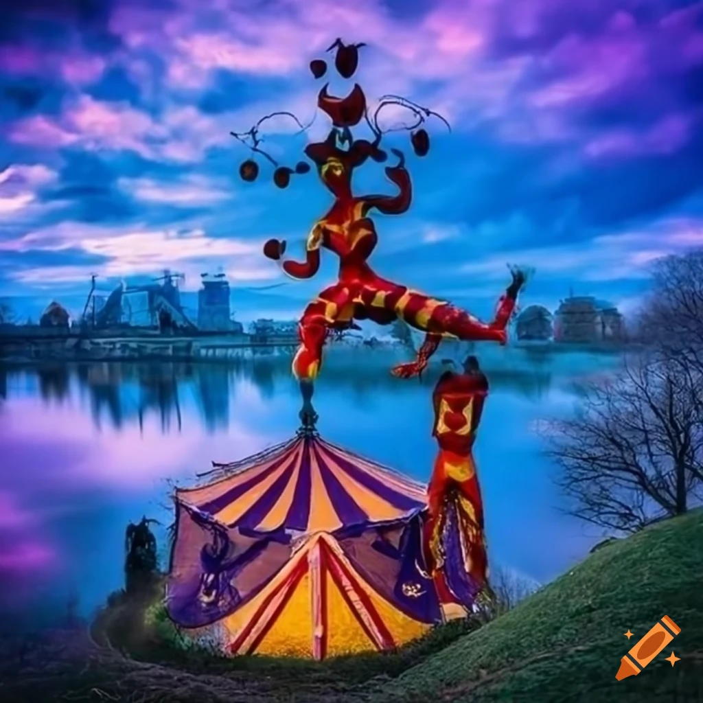 Surrealist circus park with public benches and modern sculptures on Craiyon