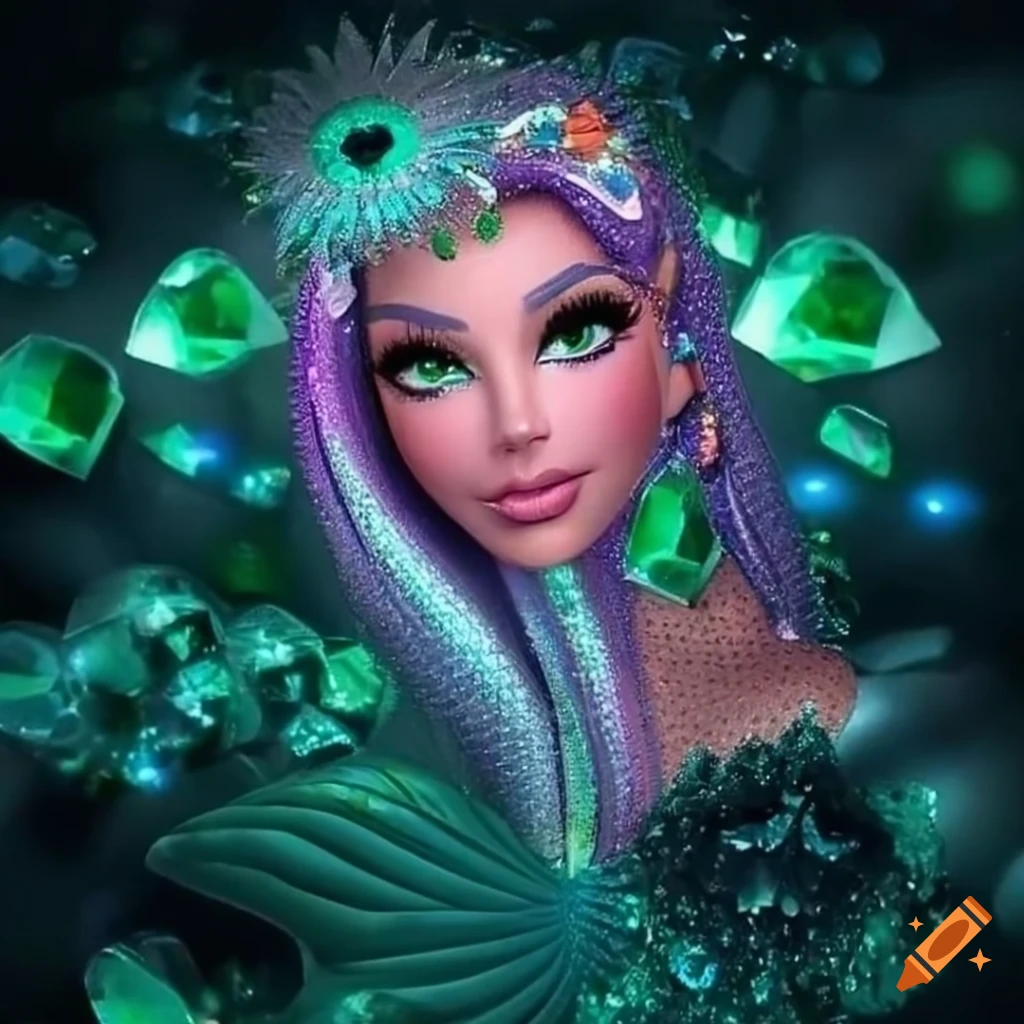 Hyper realistic painting of a mermaid with emerald and diamond scales ...