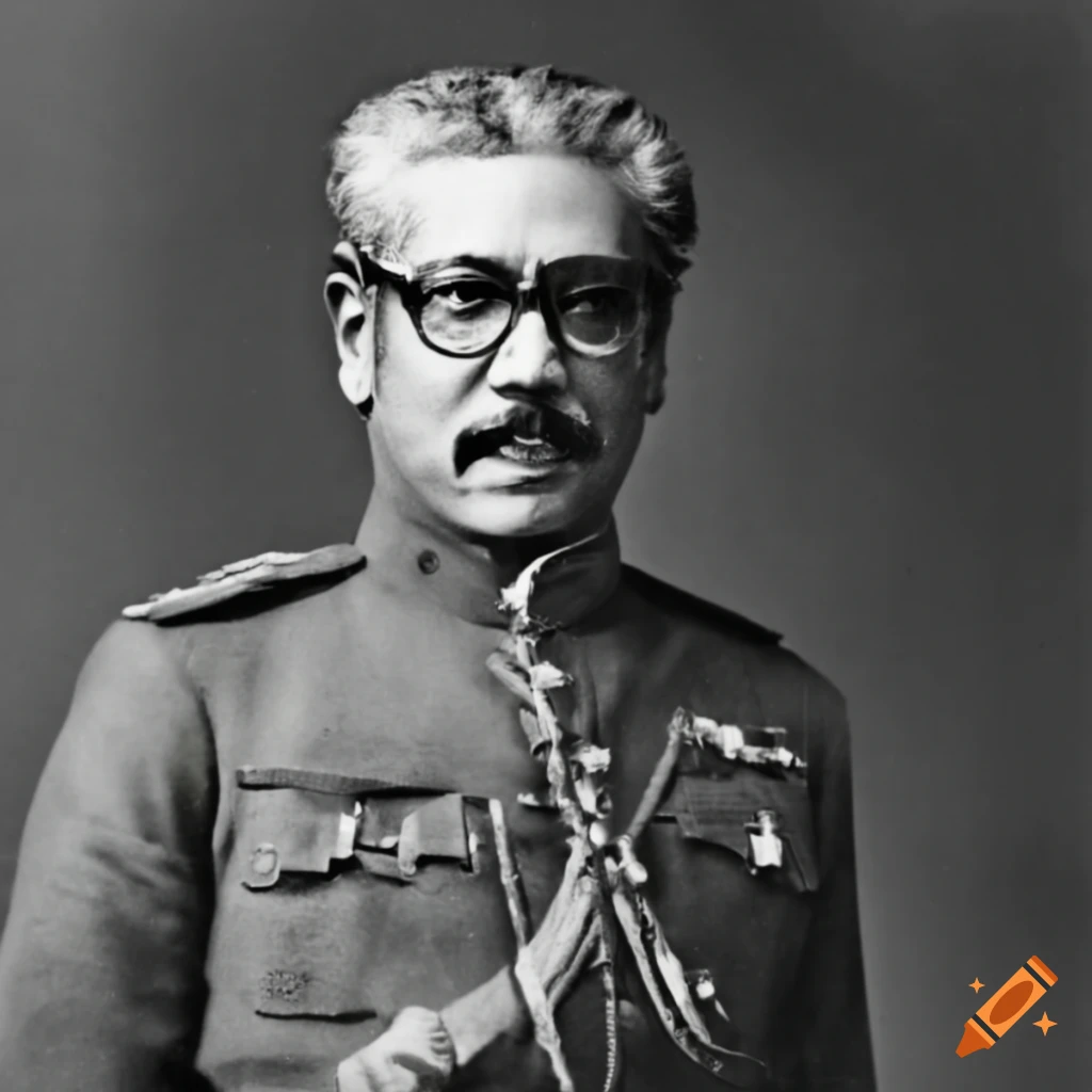 Vintage black and yellow photo of sheikh mujib in western suit on Craiyon