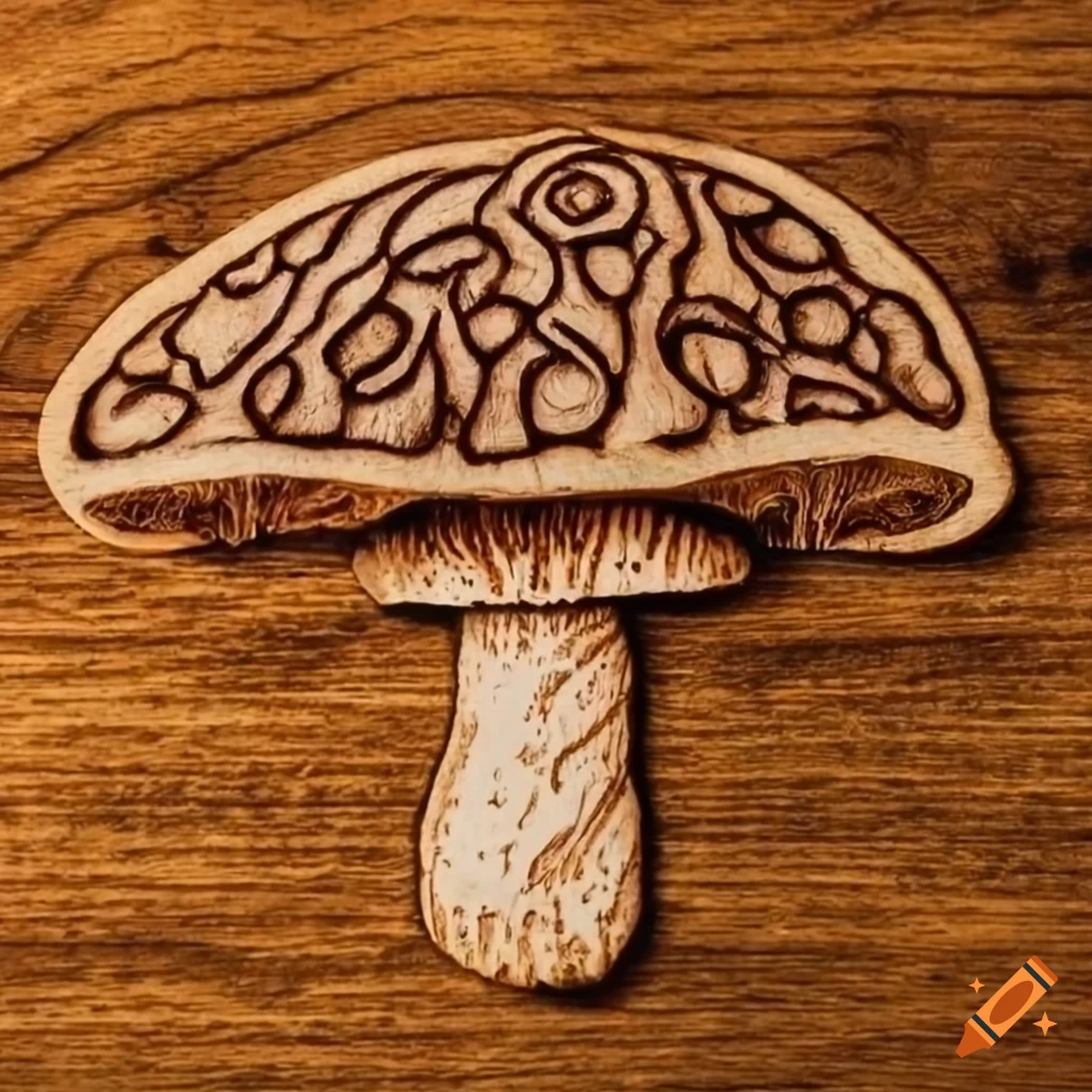 Pyrography design of a mushroom on wood on Craiyon