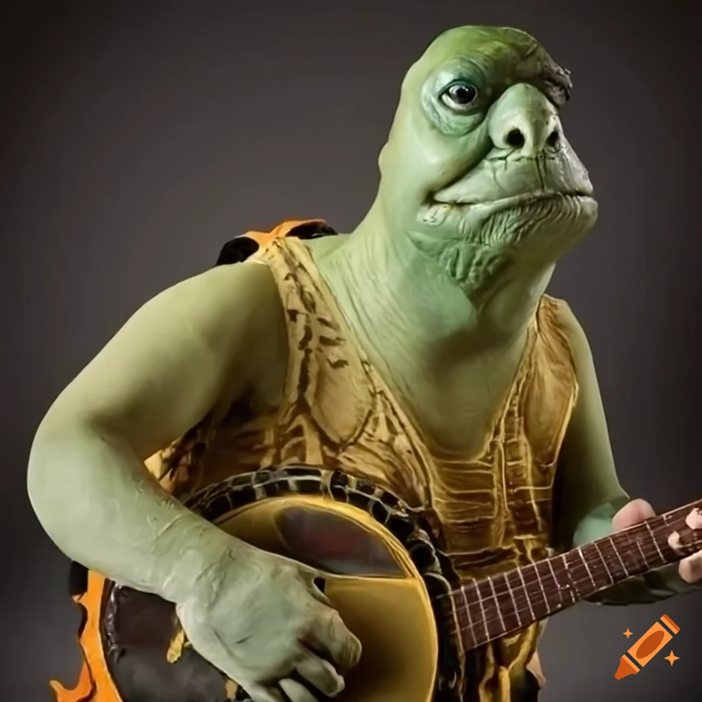 Funny turtle with human arms holding a banjo on Craiyon