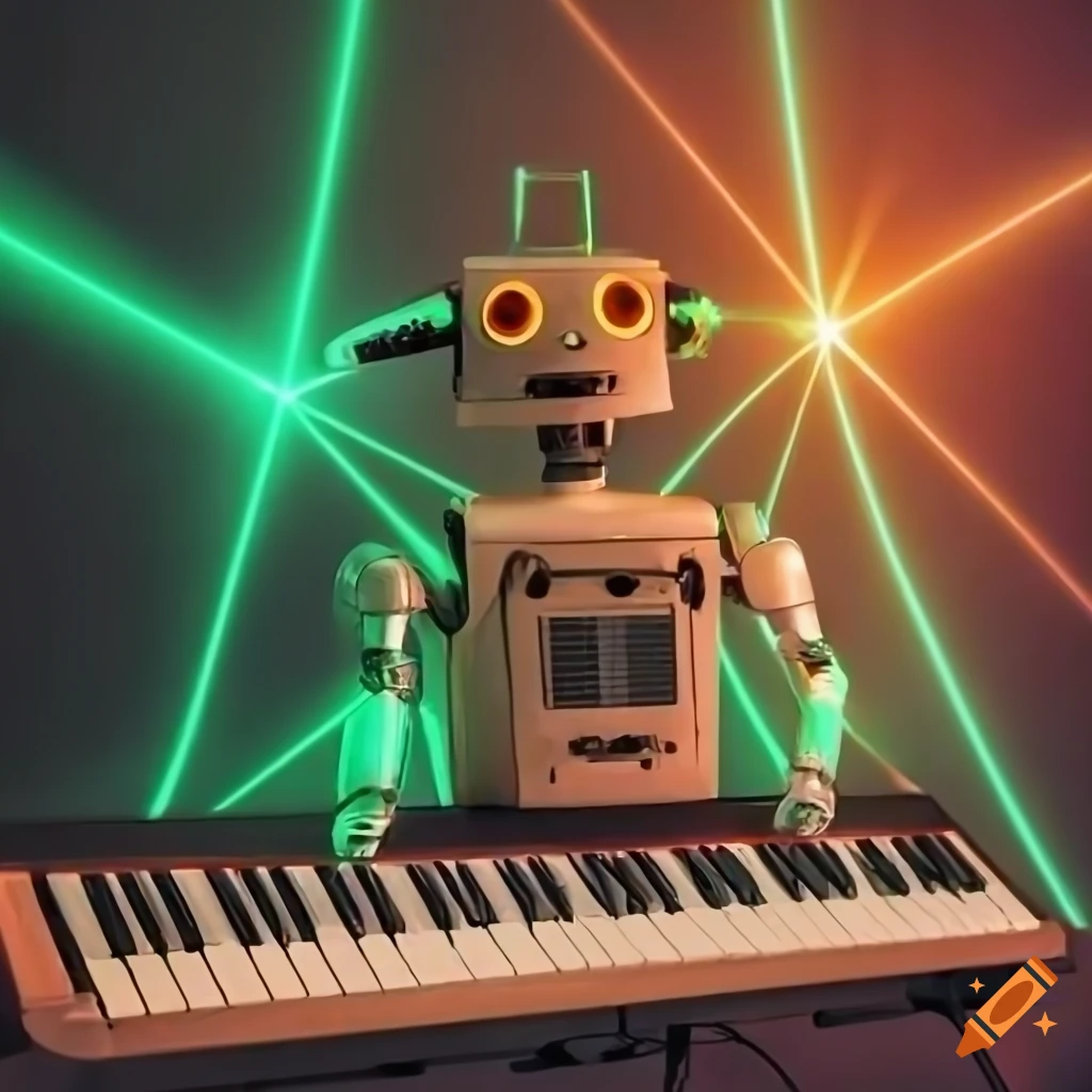 Colorful robot playing keyboard synth on stage on Craiyon