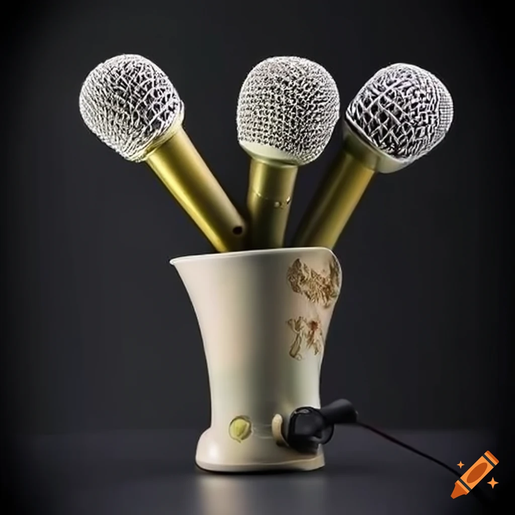 Quirky arrangement of microphones in a flower vase