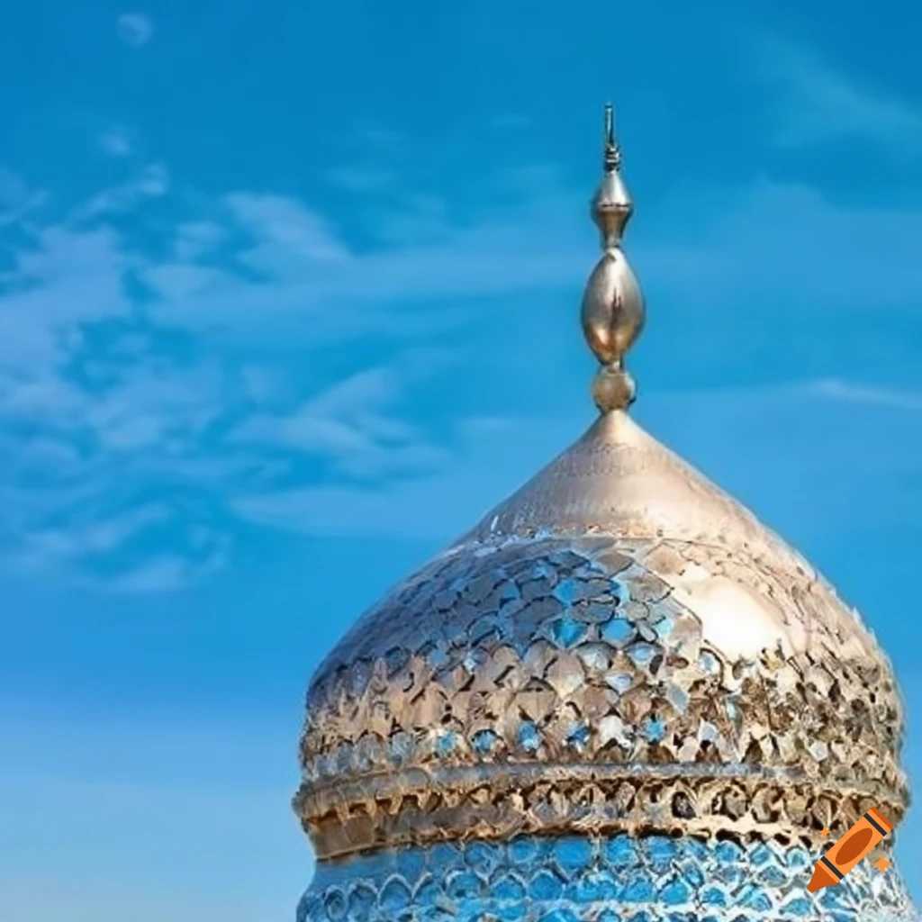 Sky blue islamic gazebo with a silver fountain on Craiyon