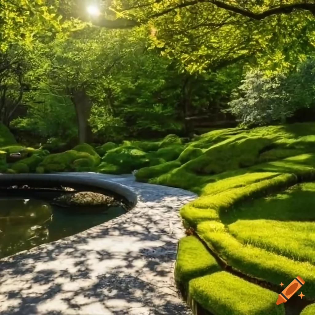 Zen garden with blooming cherry tree and peaceful path on Craiyon
