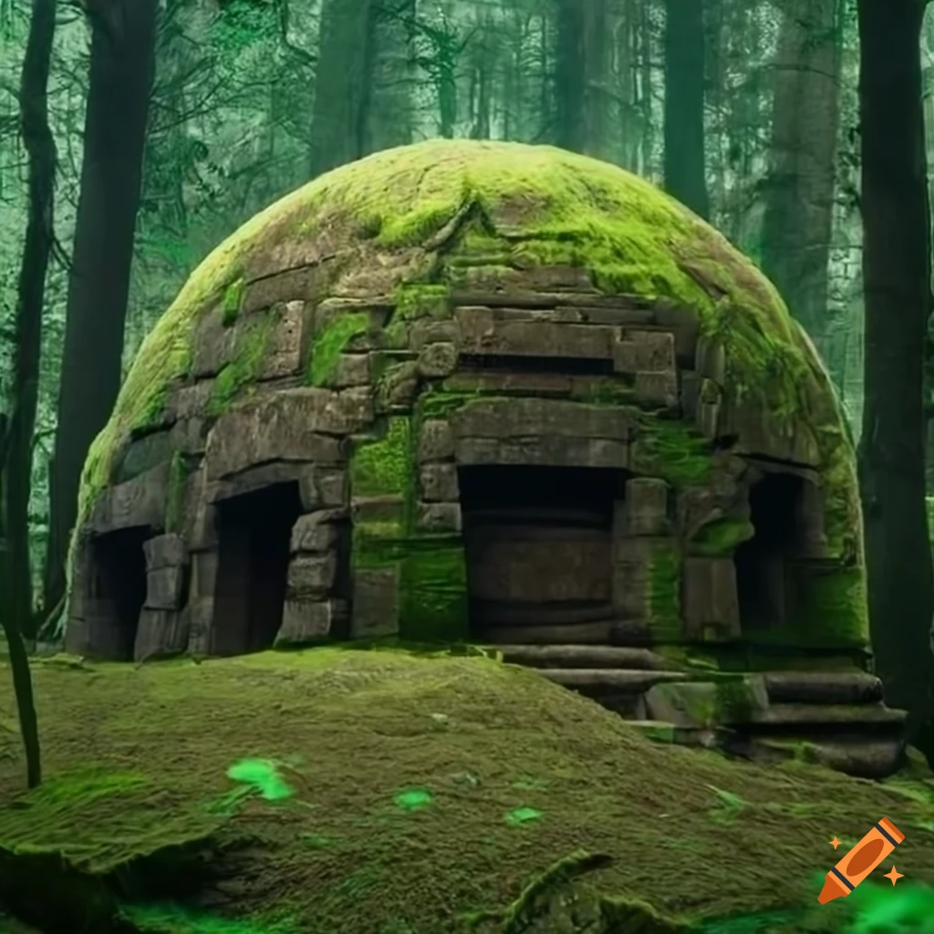 Green moss-covered dome bunker in a forest on Craiyon