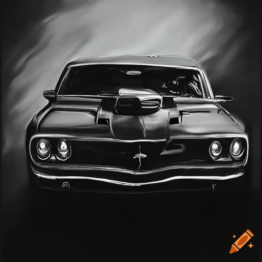Wide shot of an incredibly detailed muscle car on Craiyon