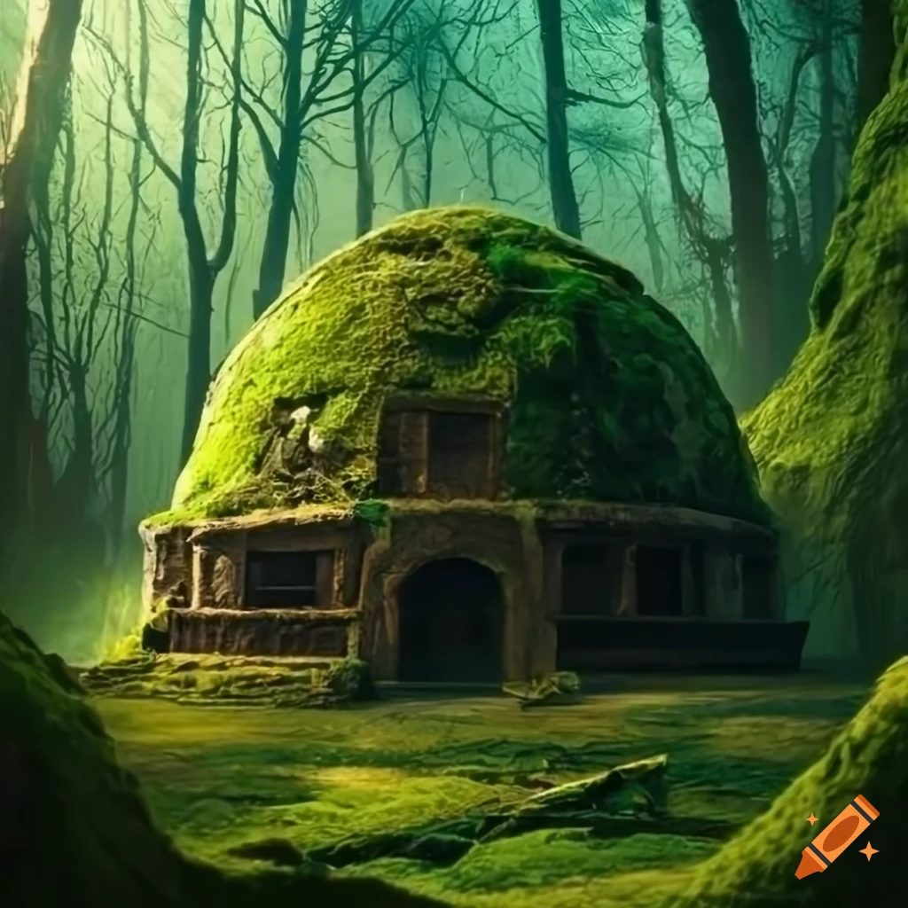 Beige round house with chimney under rocky overhang in a mossy yard on ...