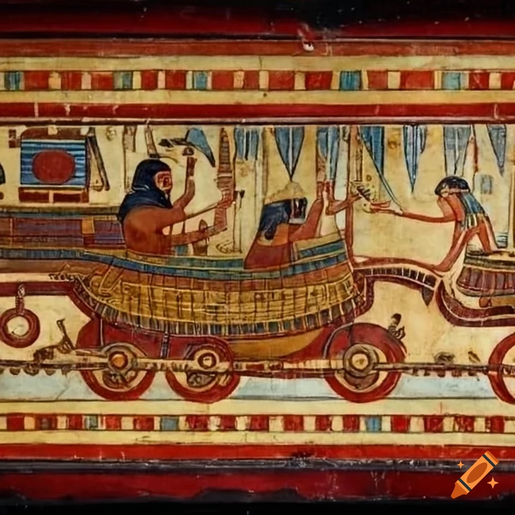 Fresco of ancient Egyptian steampunk vehicles on Craiyon