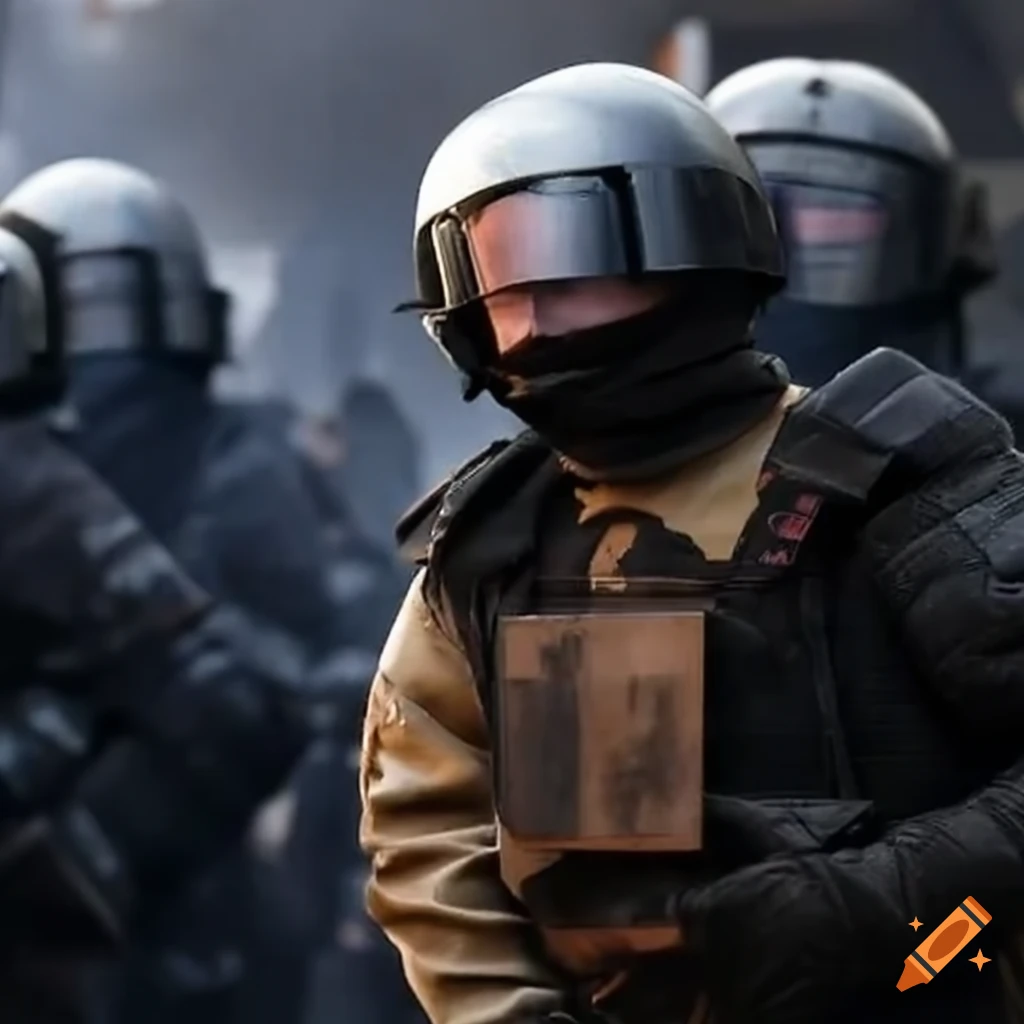 Line of city cops in full riot gear, advancing on viewer on Craiyon