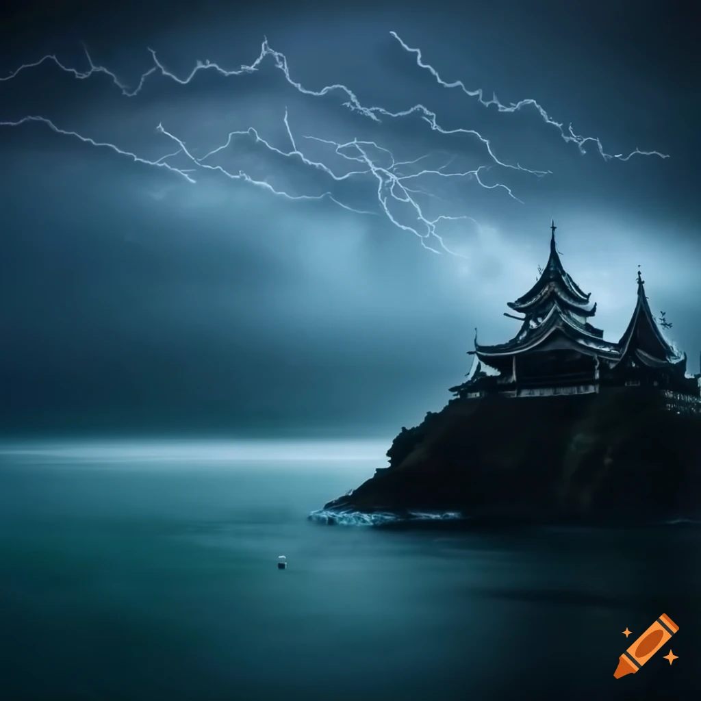 Fantasy castle on a seafront black rock hill in a rain storm tempest on ...