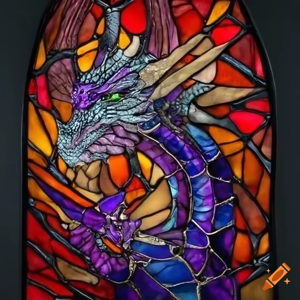 Stained glass painting of a realistic dragon
