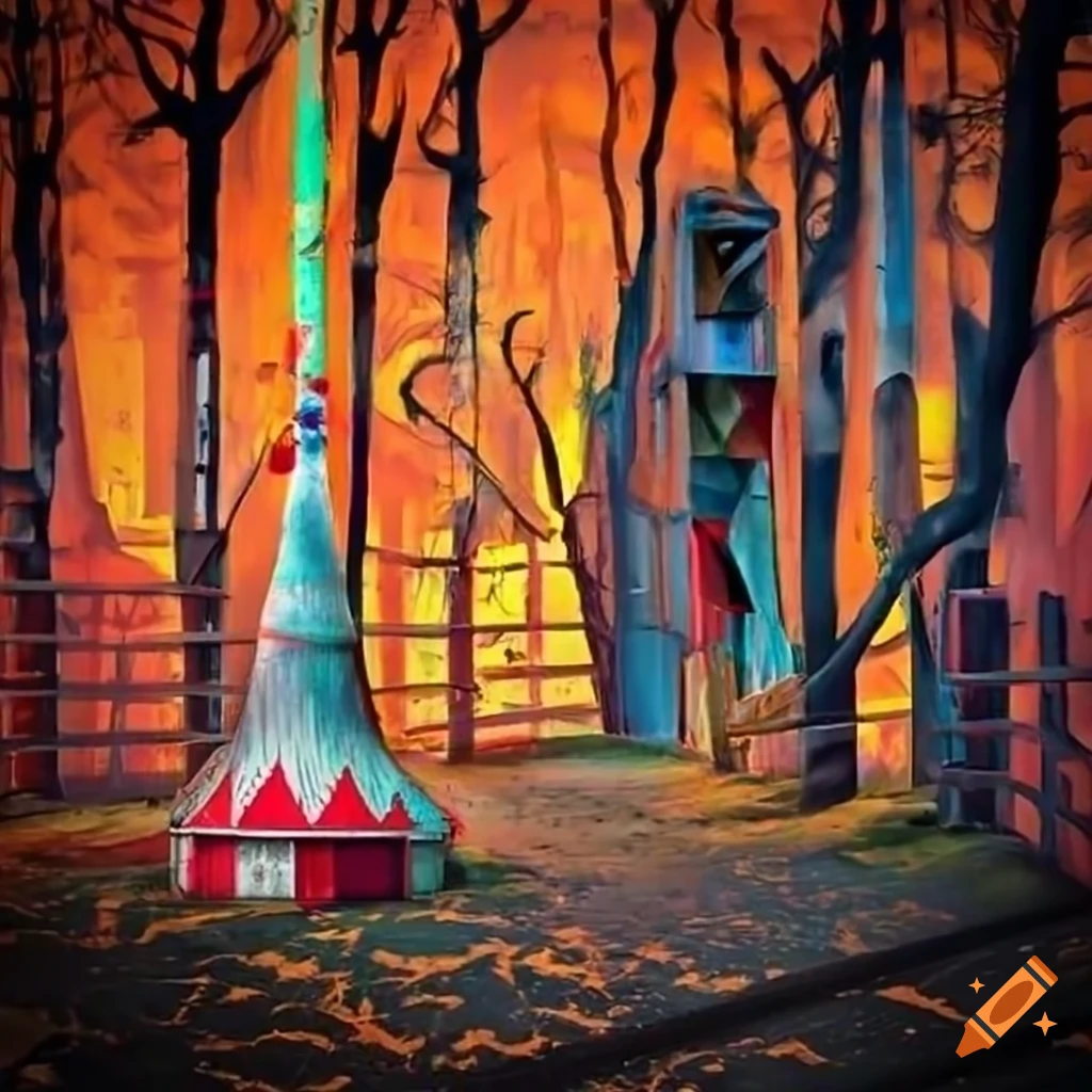 Surrealist circus with graffiti on walls on Craiyon