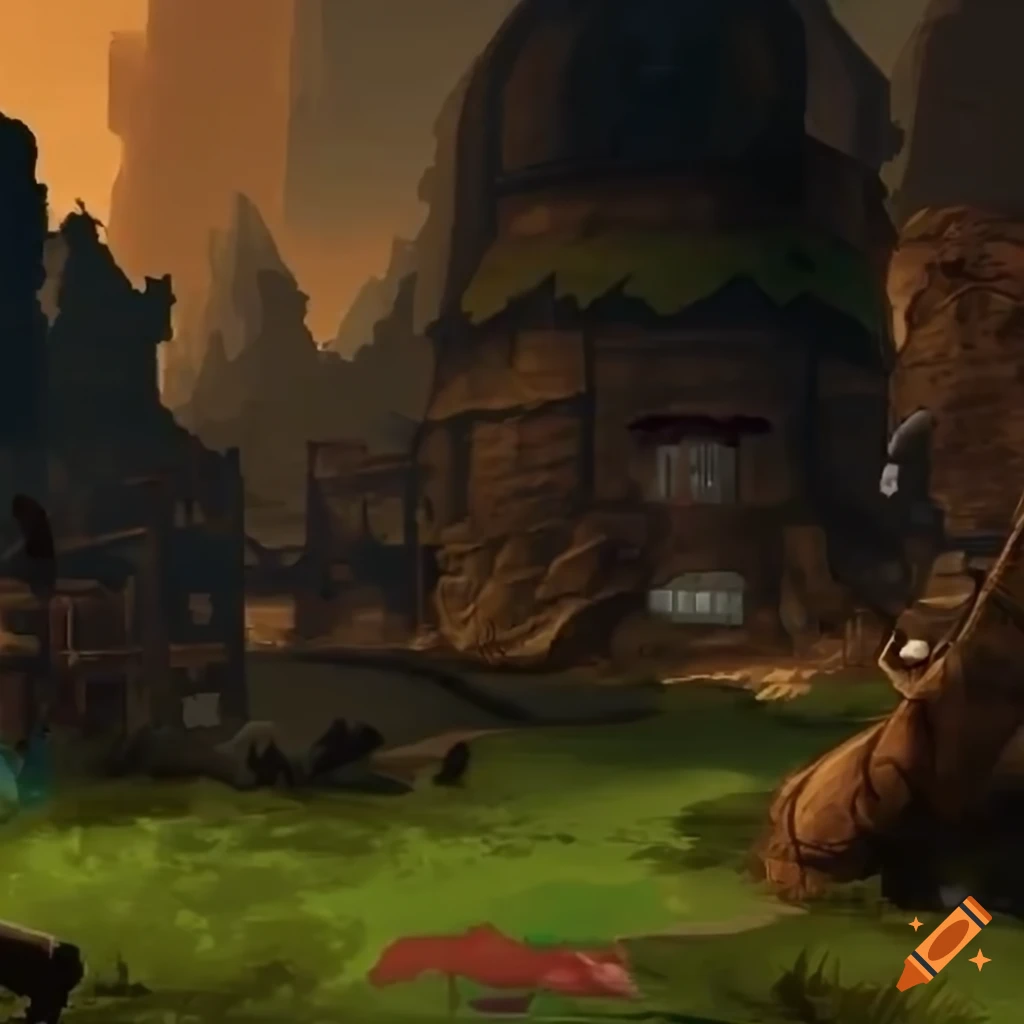 Screenshot of a dynamic battleground in a video game on Craiyon