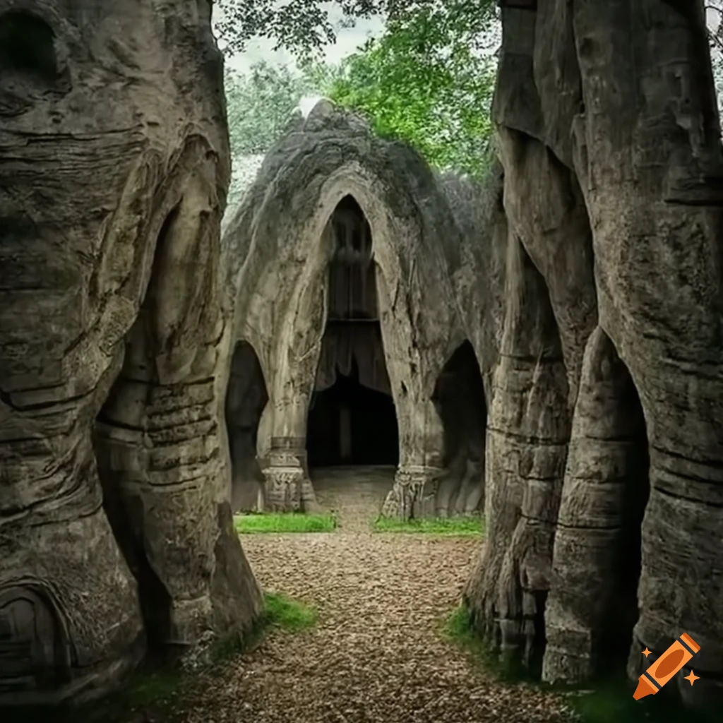 Ancient ruins of stone-carved trees in Moria on Craiyon