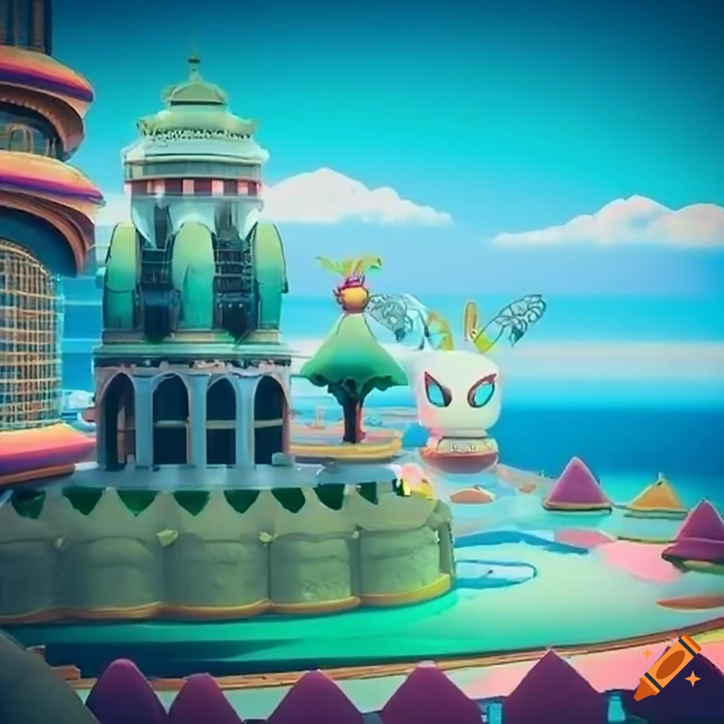 Pokémon paradise resort with elegant architecture and blue sky on Craiyon