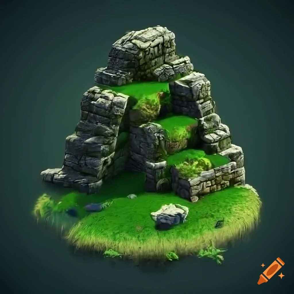 Isometric view of moss-covered Mayan stone ruins in a fantasy forest on Craiyon