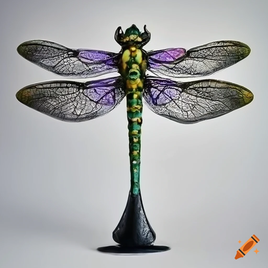 Hyperrealistic dragonfly sculpture with translucent wings on Craiyon