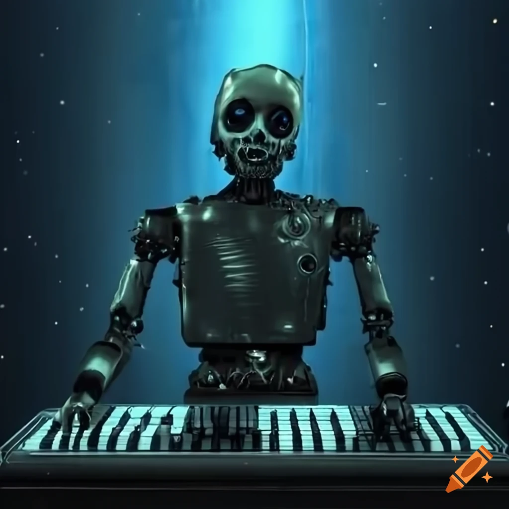 Scary robot playing synth on a colorful stage