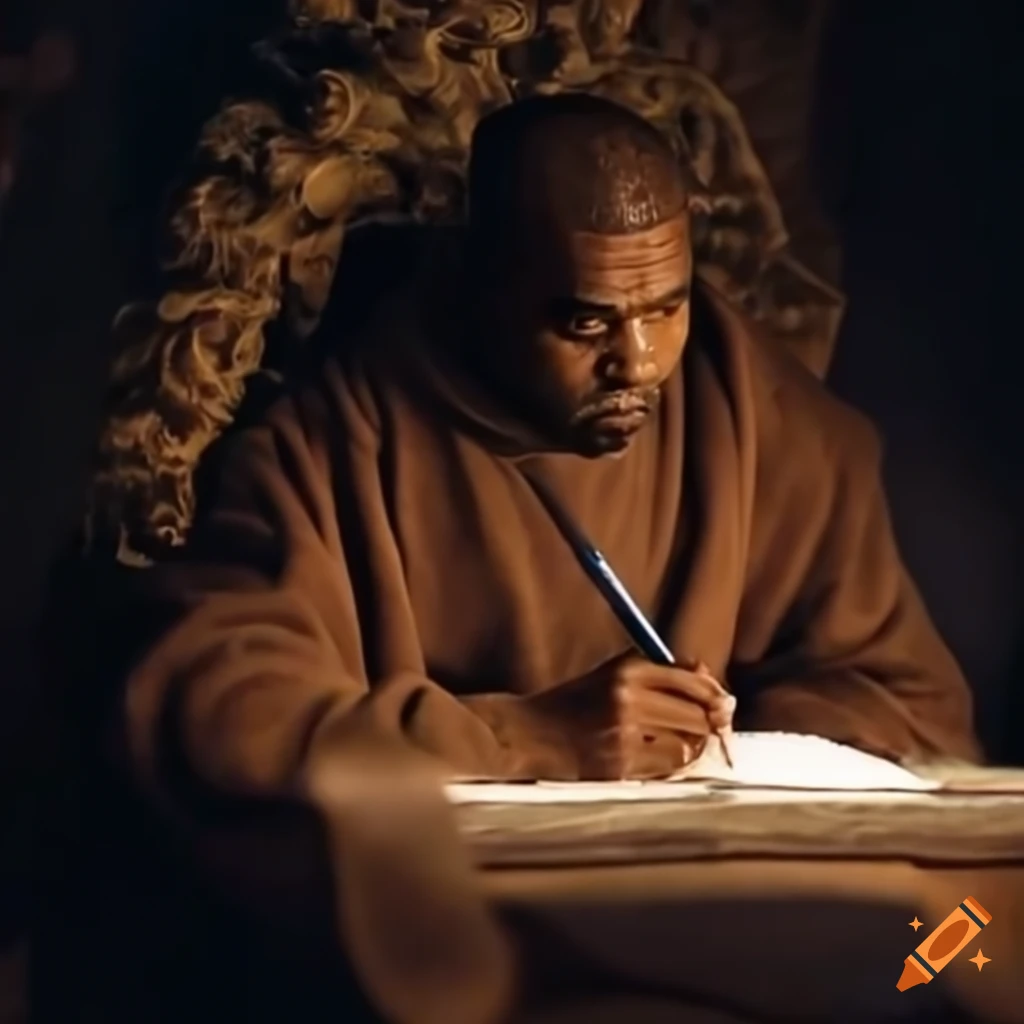 Kanye West writing a poem in a medieval castle on Craiyon
