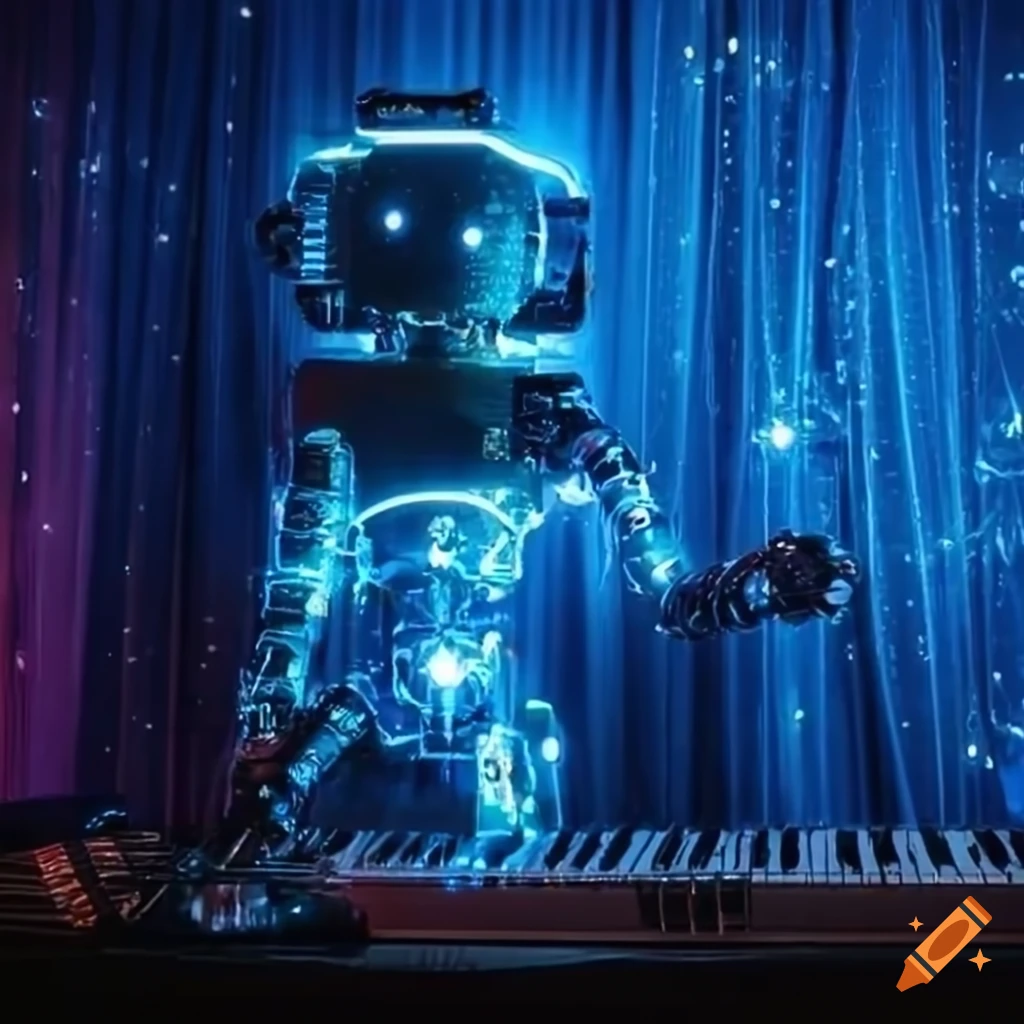Shiny robot playing a modular synthesizer underwater