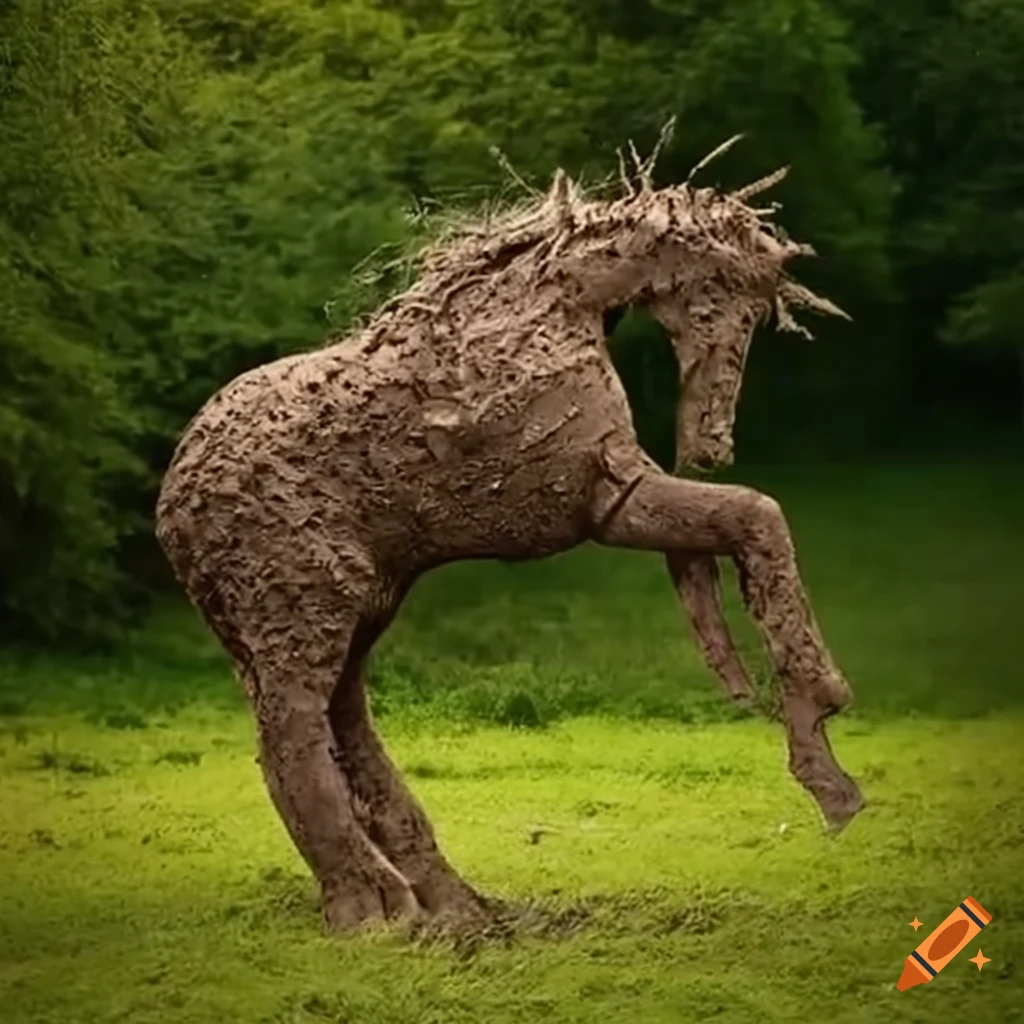 Sculpture of a rearing horse made from mud and grass on Craiyon