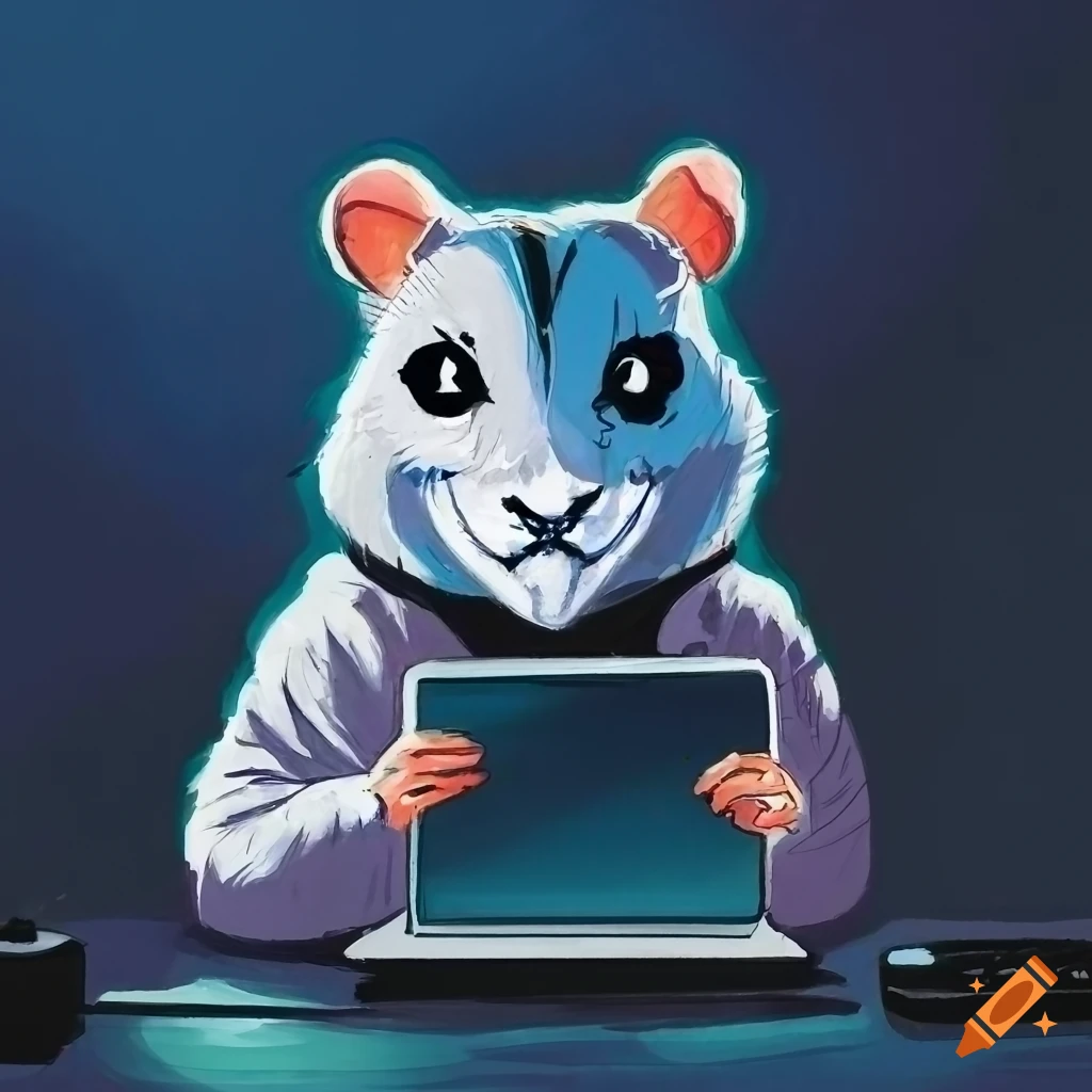 Digital art of a hamster wearing a hacker mask using a computer on Craiyon