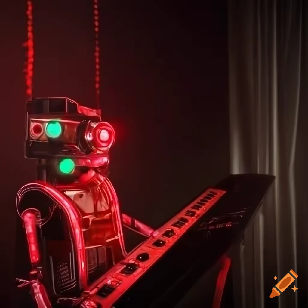 Retro female robot playing futuristic synthesizer on Craiyon