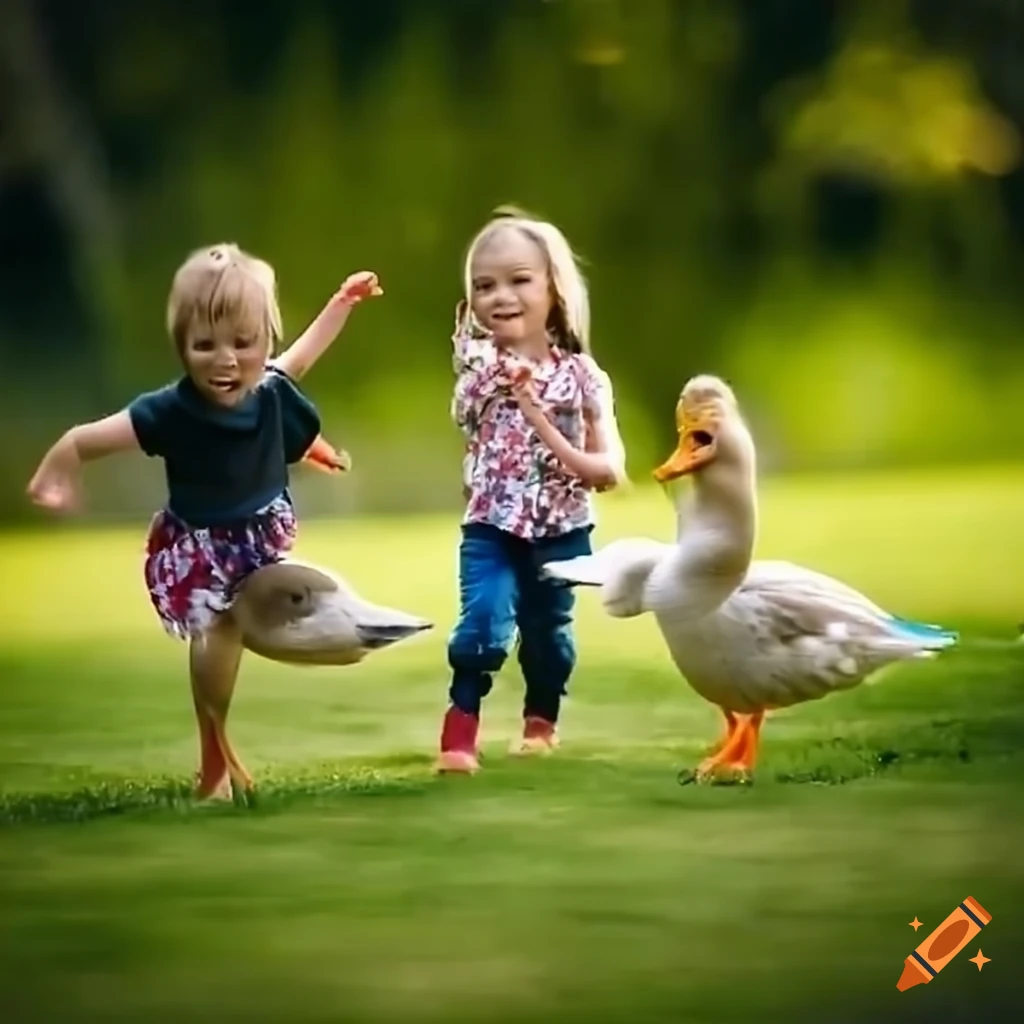 Children playing with ducks near a pond on Craiyon