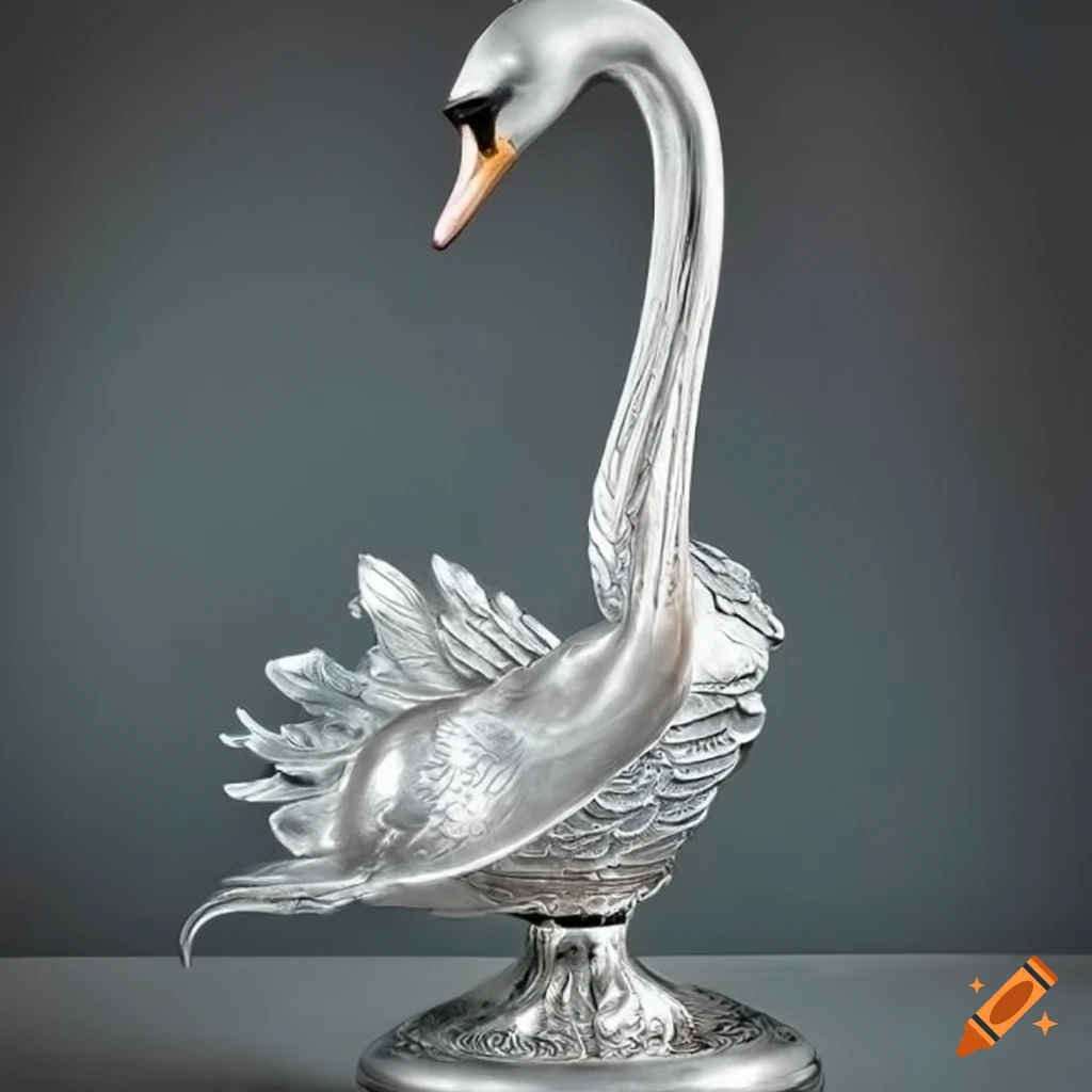 Silver swan sculpture resting on a garden table on Craiyon