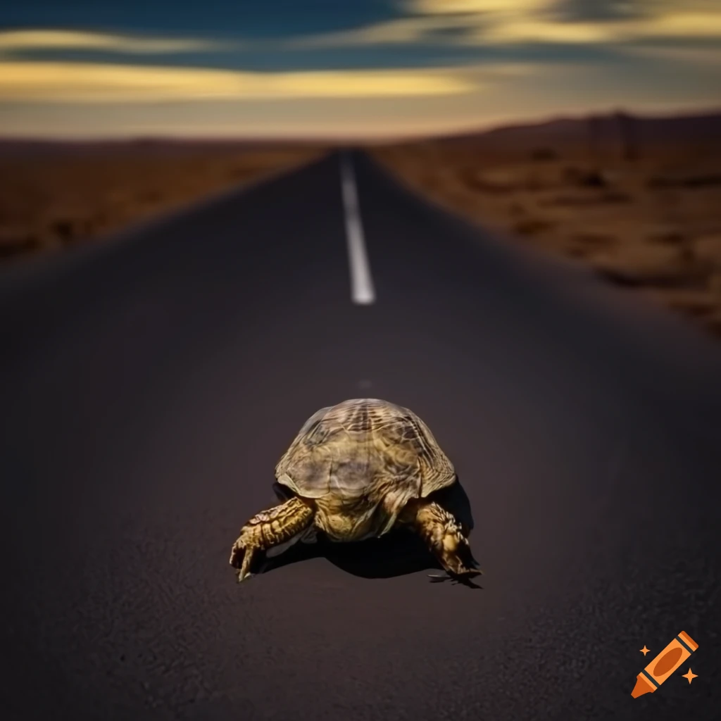 Photo realistic image of a tortoise walking on a desert road