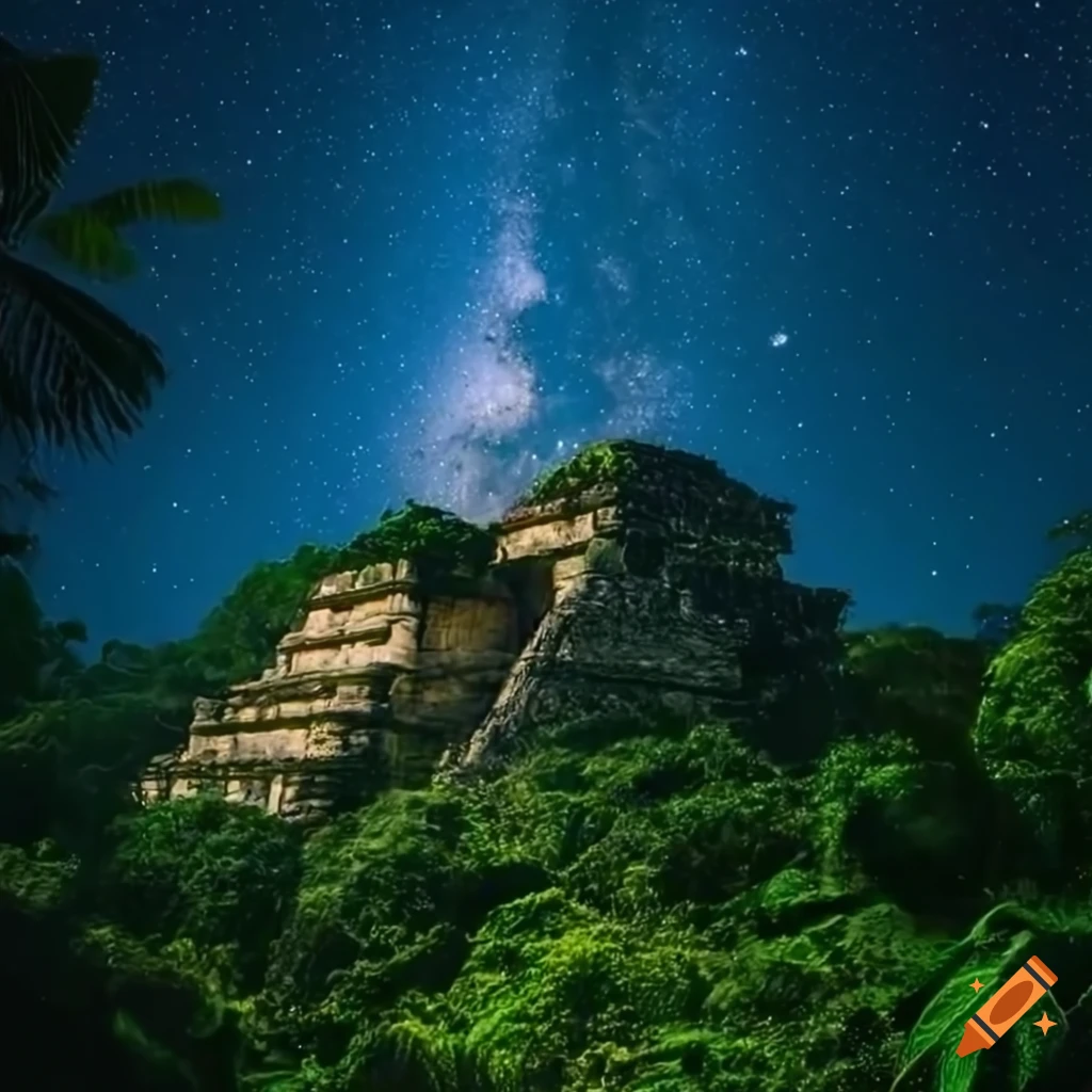 Ruins of a Mayan temple in a tropical jungle under a starry sky on Craiyon