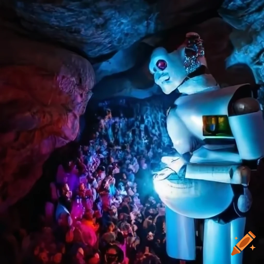 Surreal portrait of a worshipped robot in a cave