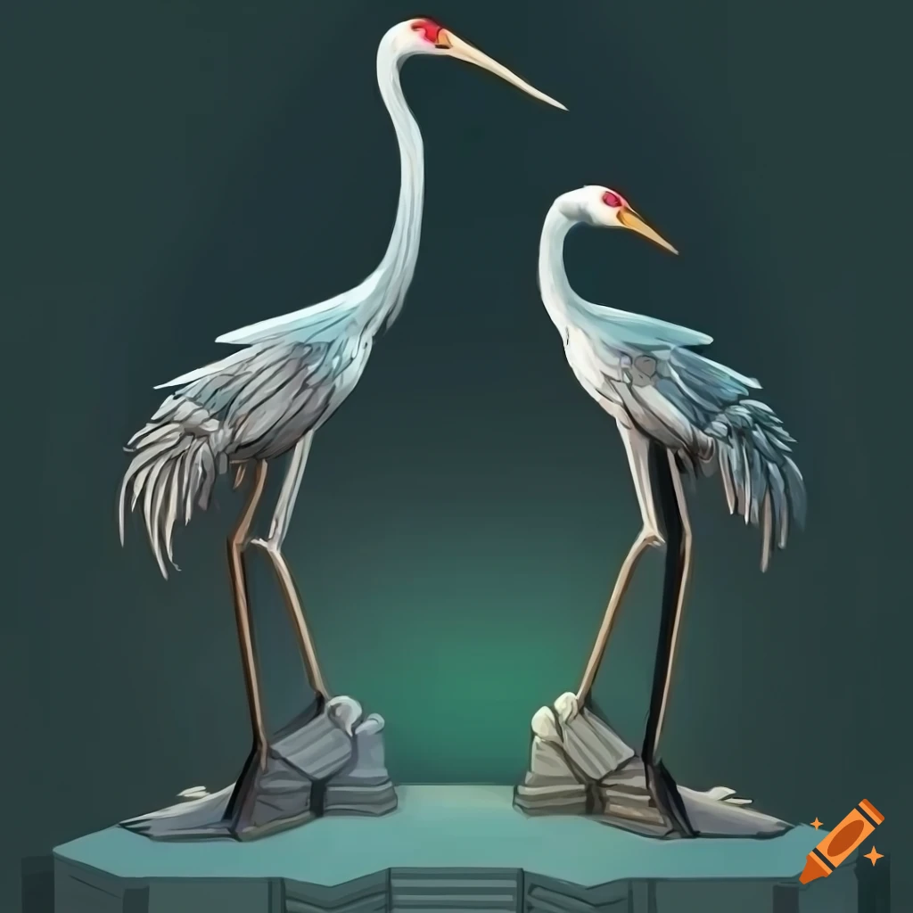 2d isometric game art of two silver crane statues in a tranquil garden ...