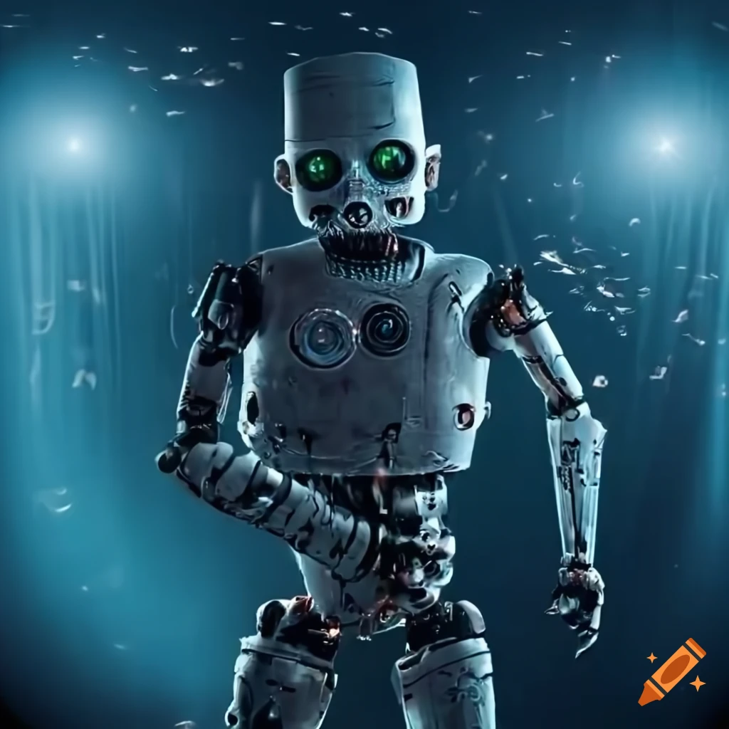 Scary robot playing synth on a colorful stage on Craiyon