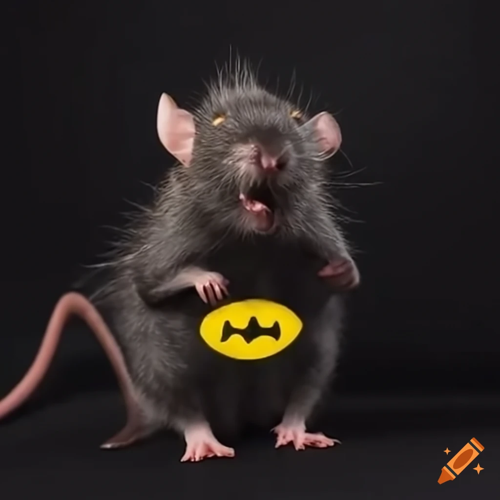 Rat in batman costume shouting triumphantly on Craiyon