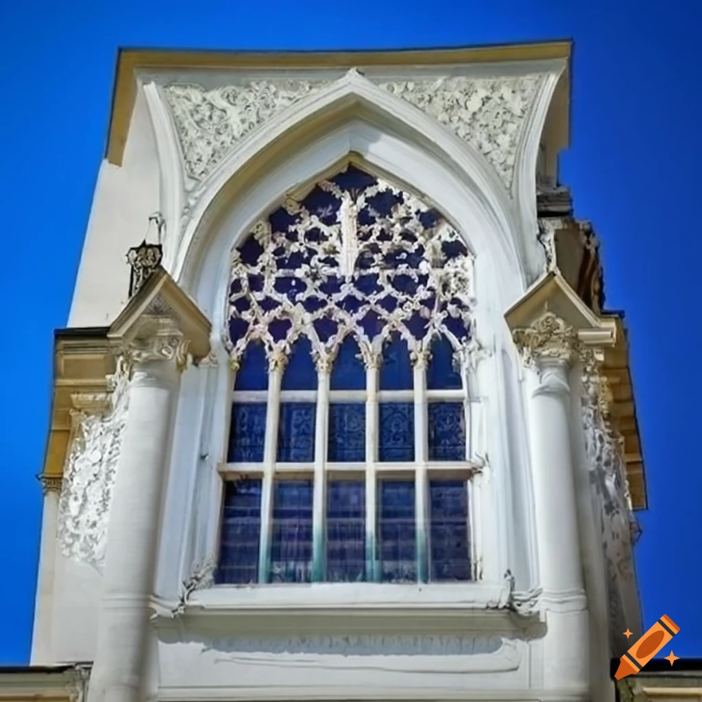 Dresden white gothic window on balcony in blue sky on Craiyon