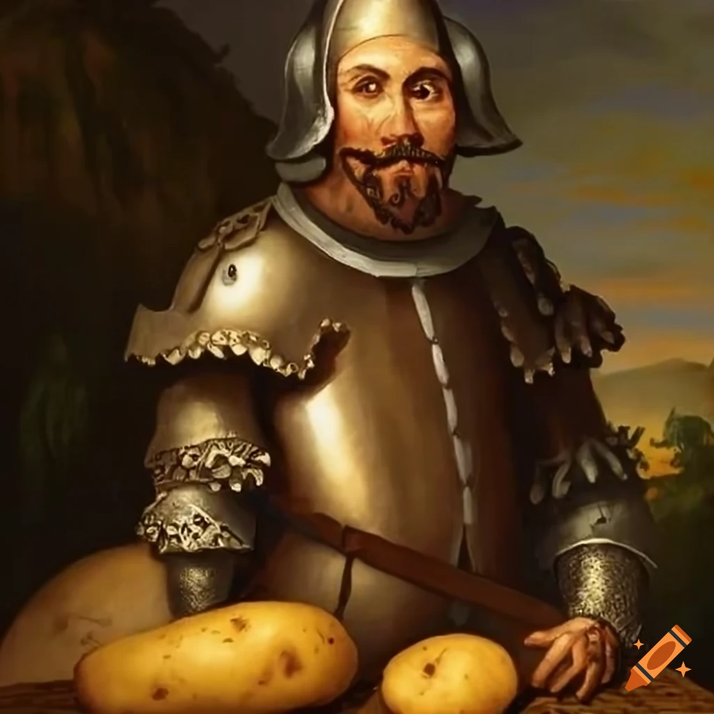 Satirical artwork of a conquistador with a potato