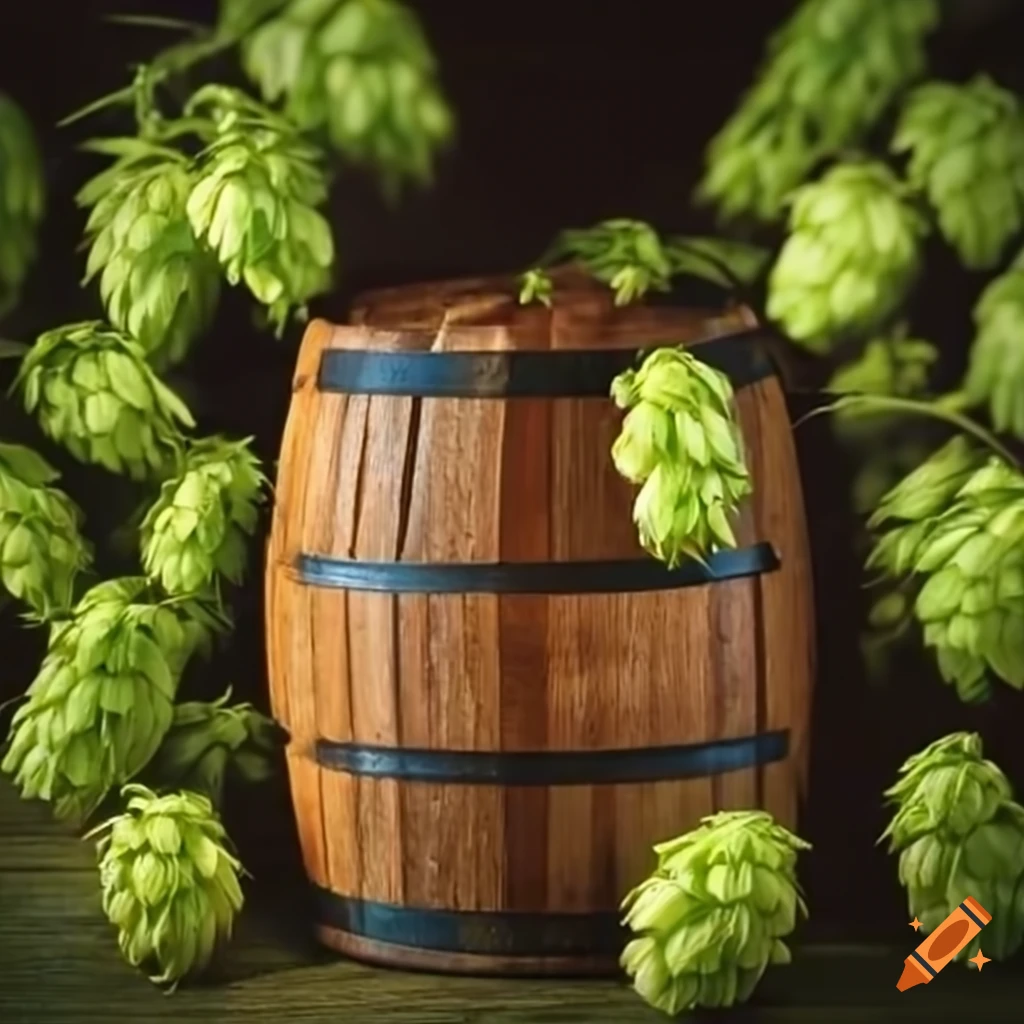 Wooden kegs in a hop field