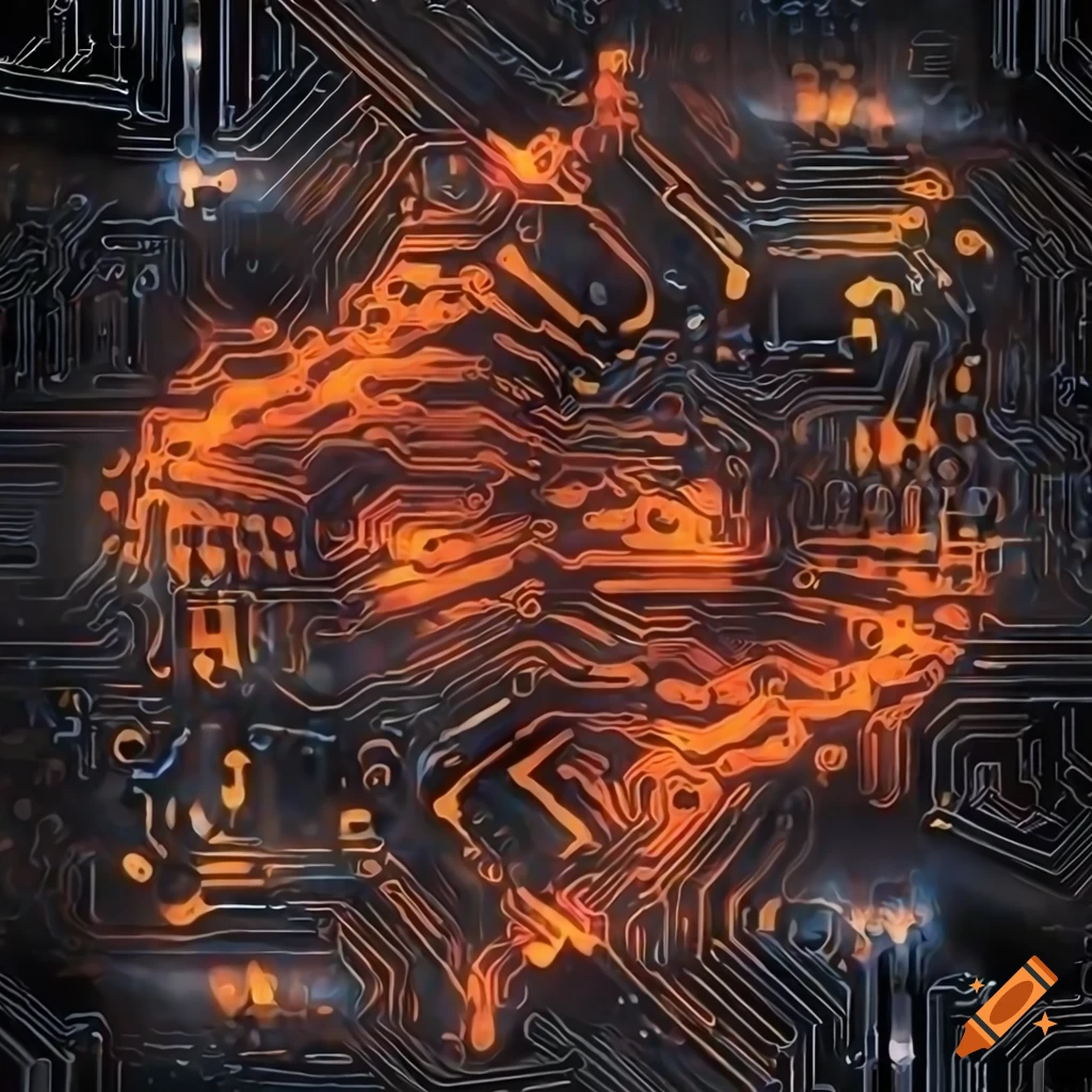 Abstract artwork of black and orange printed circuits boards on Craiyon