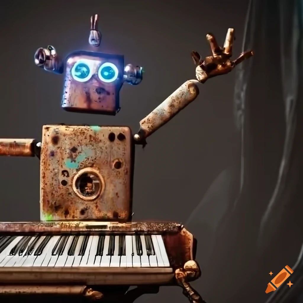 Rusty robot playing a synthesizer with rainbow lighting on Craiyon