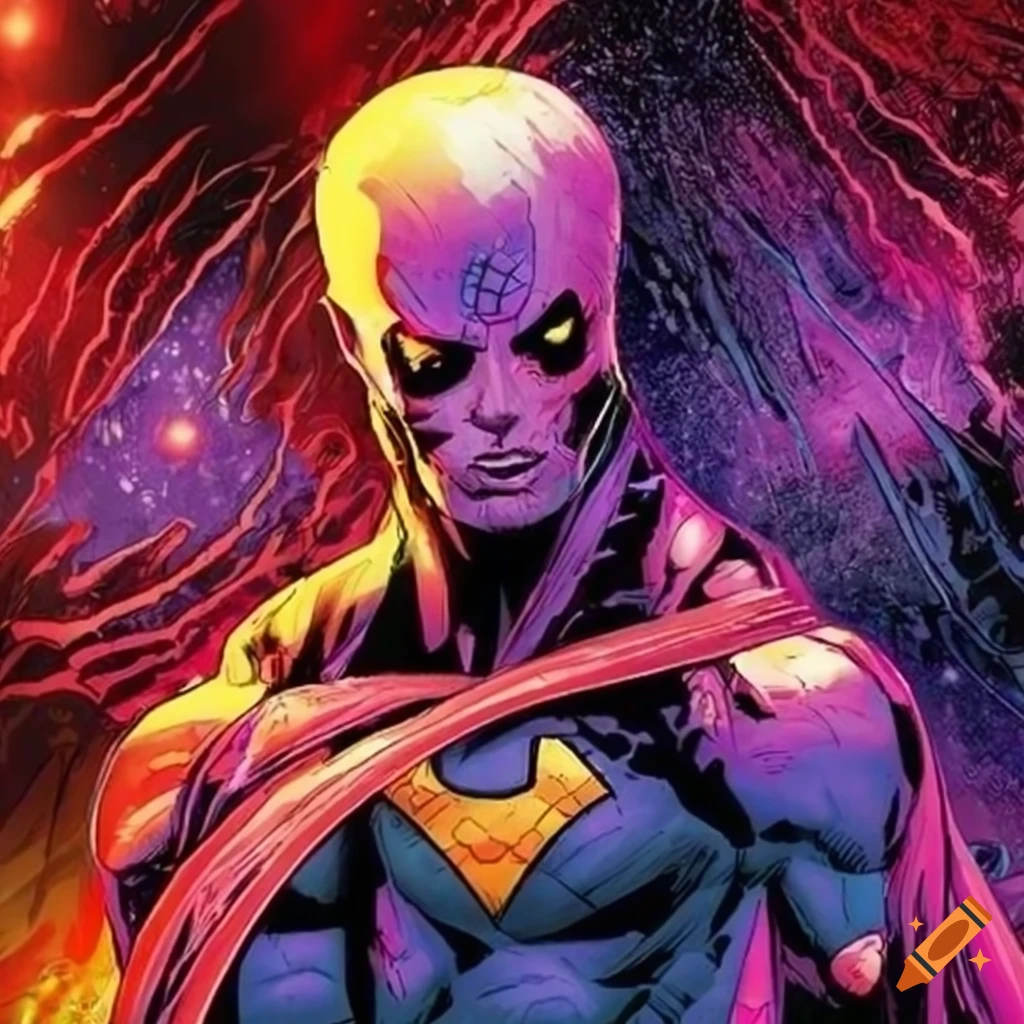 Comic book art of a villain fused with elementary particles on Craiyon