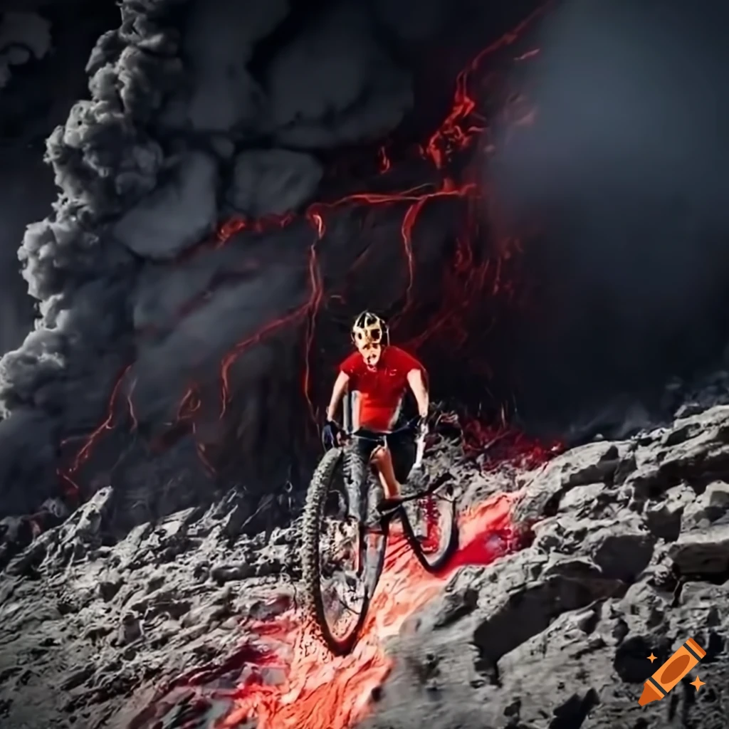 Image of a mountain biker near an erupting volcano on Craiyon