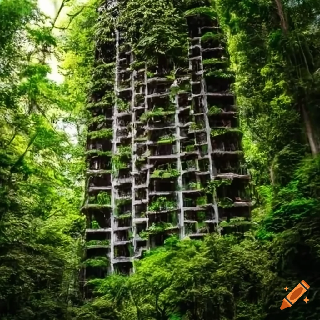Unique forest architecture in a rainforest on Craiyon