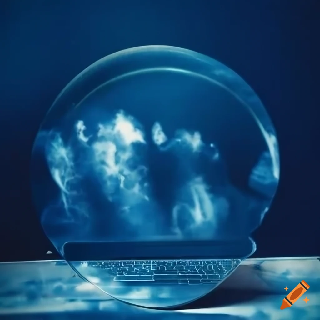 Man working on laptop inside a levitating bubble in a foggy city on Craiyon