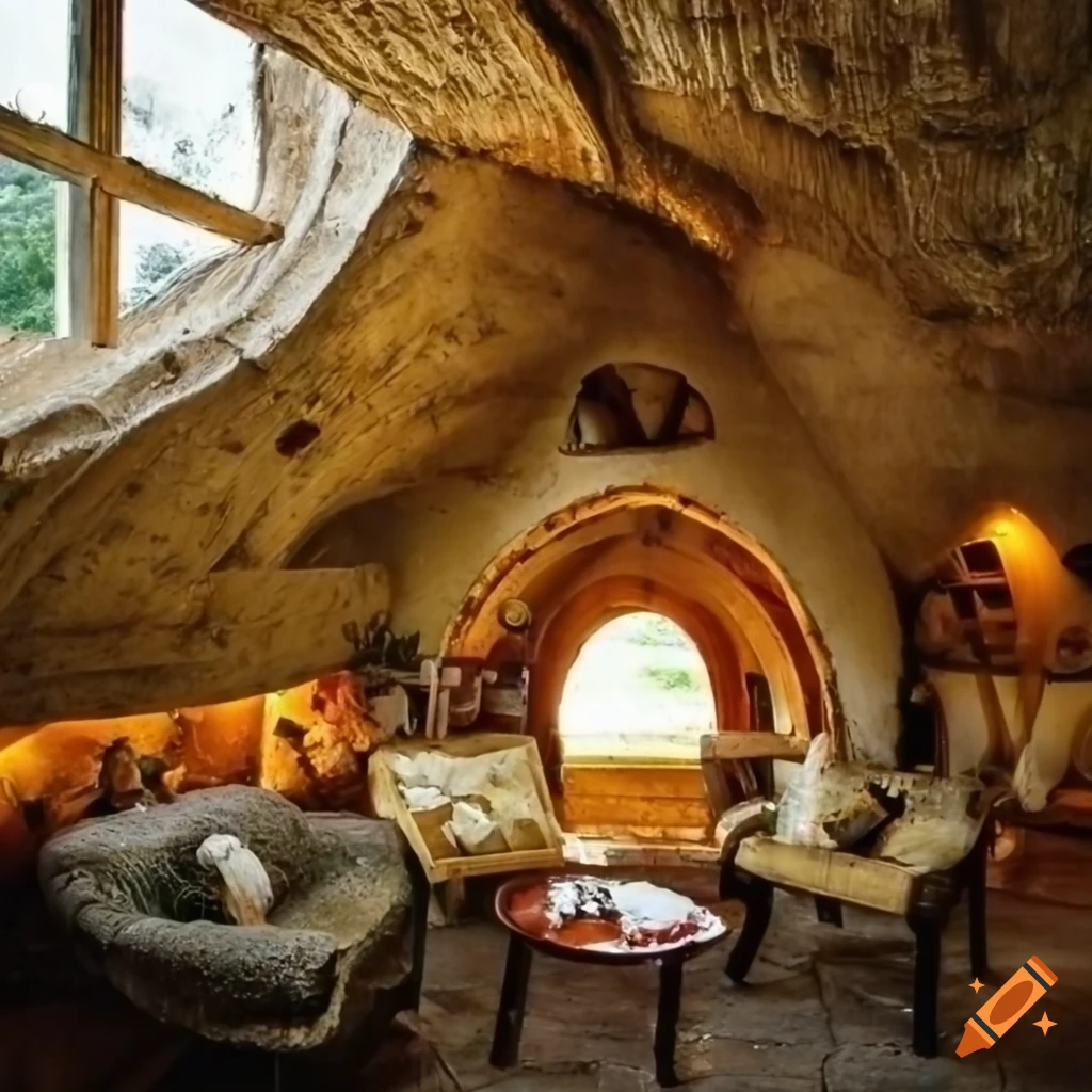Realistic interior photography of a mushroom house