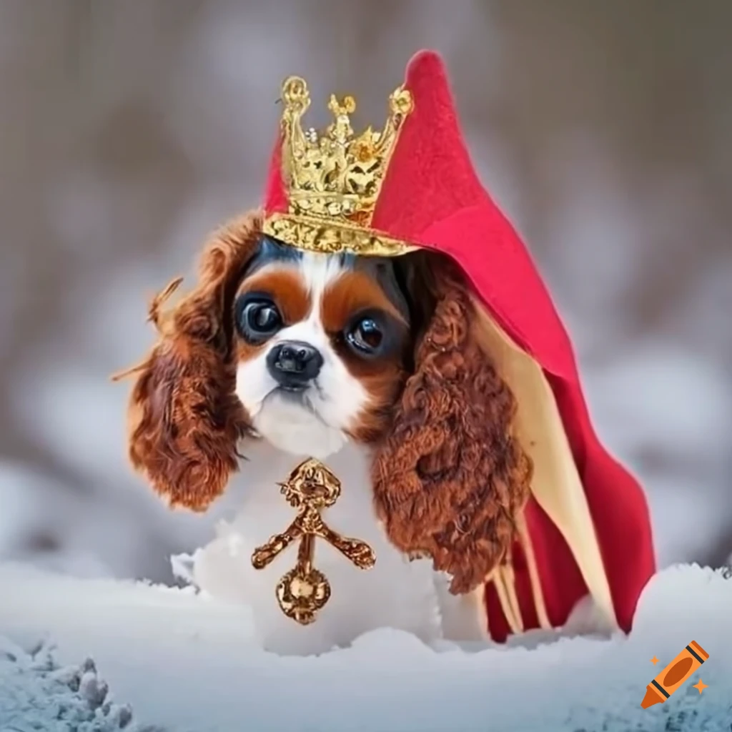 Cute King Charles Cavalier playing chess in a snowy forest on Craiyon