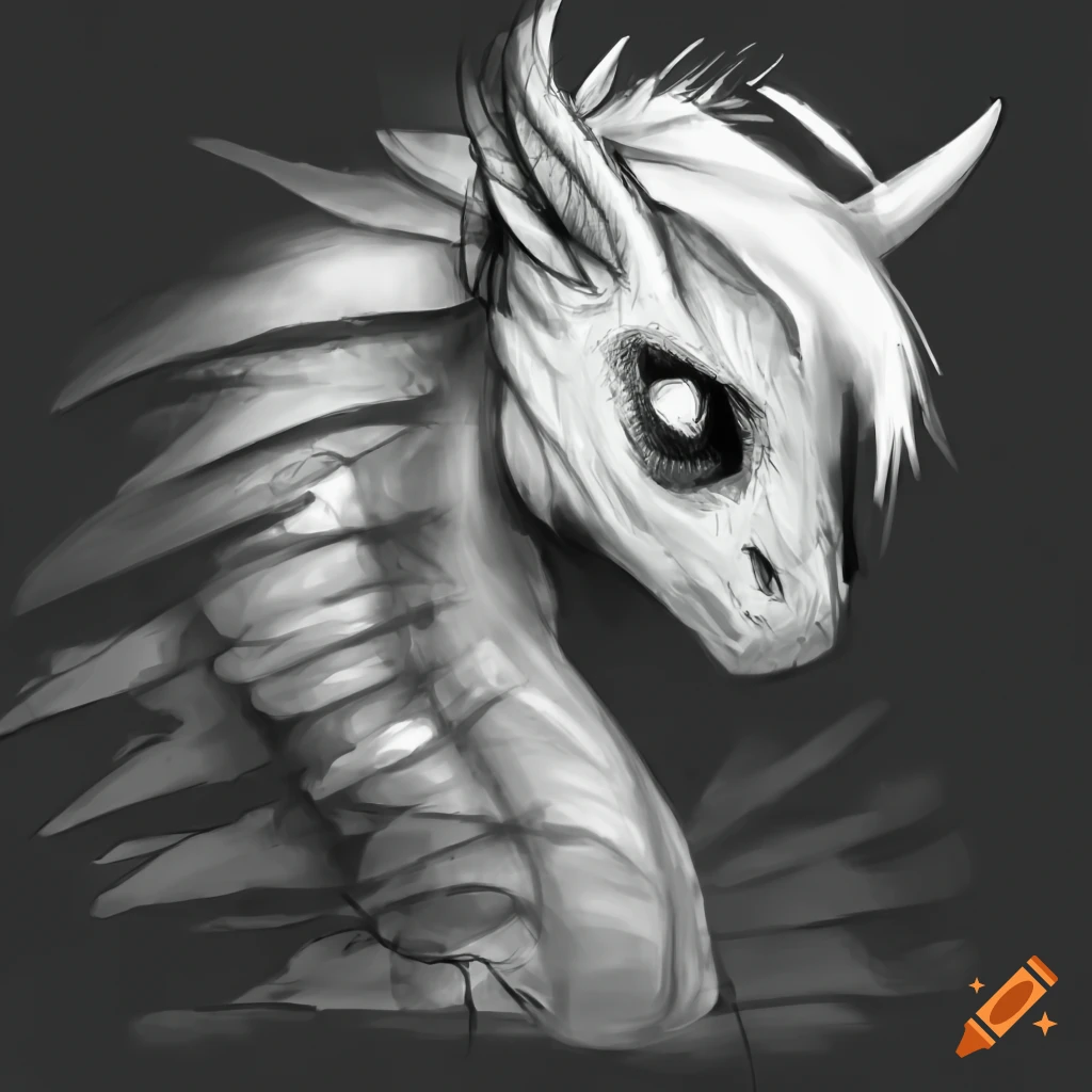 Black and white drawing of a derpy dragon