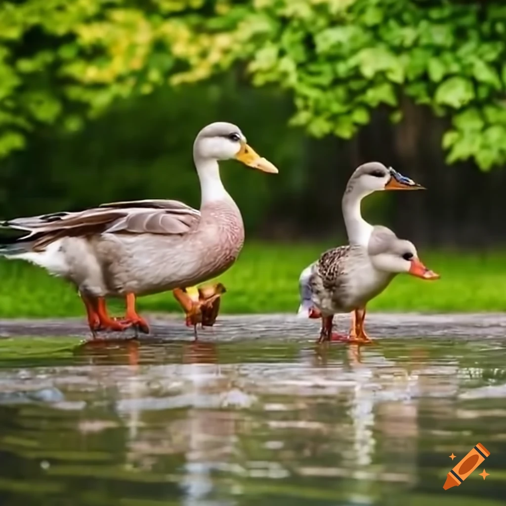 Mother ducks playing with children by the pond in a park on Craiyon
