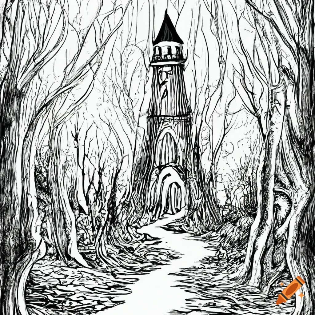 Black and white illustration of a wizard tower in a forest on Craiyon